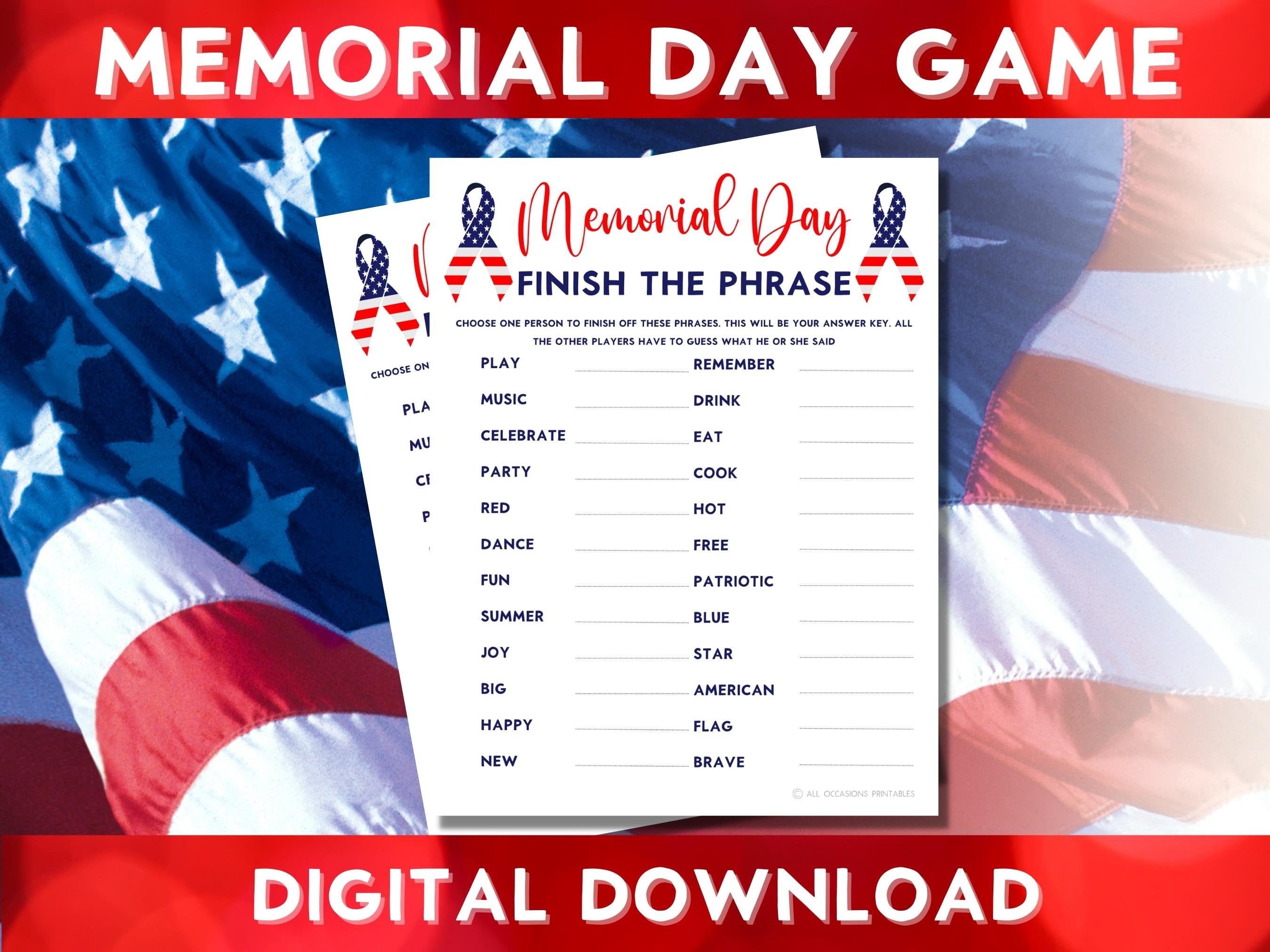 Printable Memorial Day Finish the Phrase Game, Family Party Fun ...
