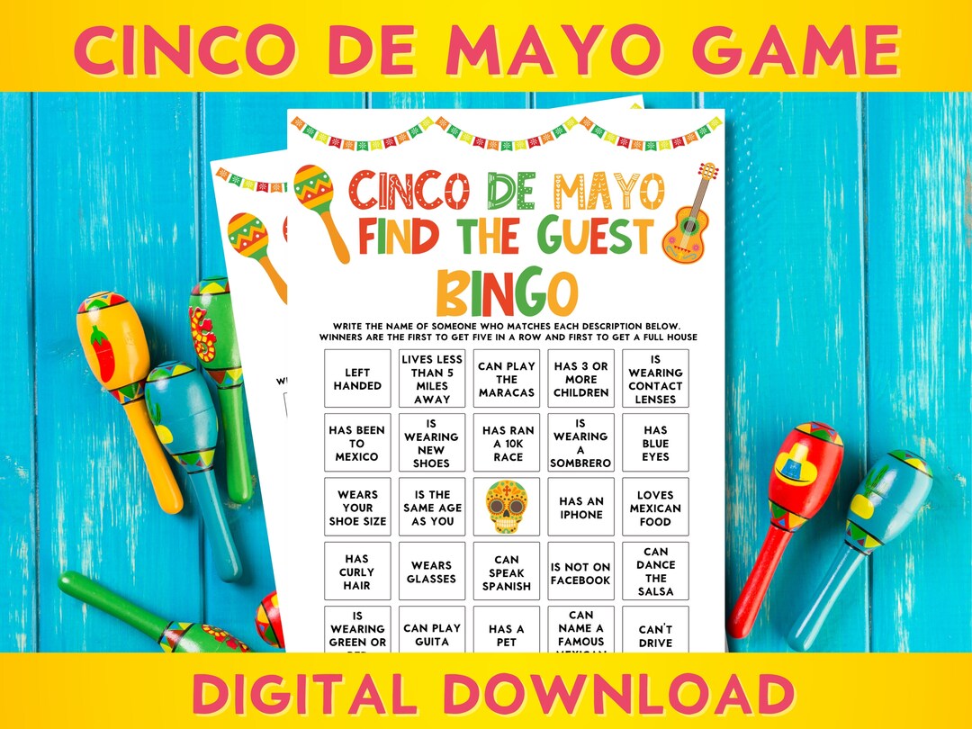 Cinco De Mayo Printable Find the Guest Bingo Game, Fiesta Party, Family ...