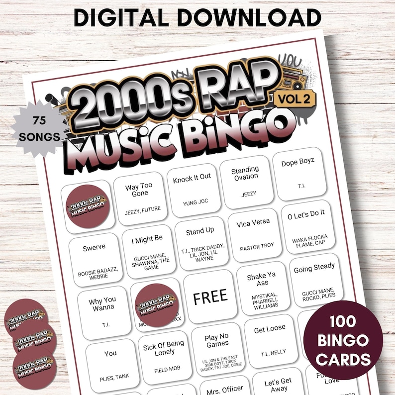 2000s Rap Music Bingo Vol 2, 75 Songs 100 Cards, Printable Hip Hop Rnb ...