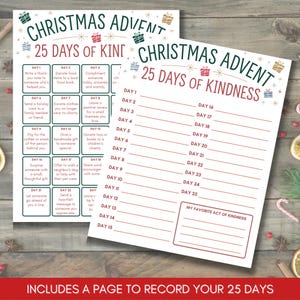 25 Days of Kindness Calendar, Printable Christmas Advent Calendar ...