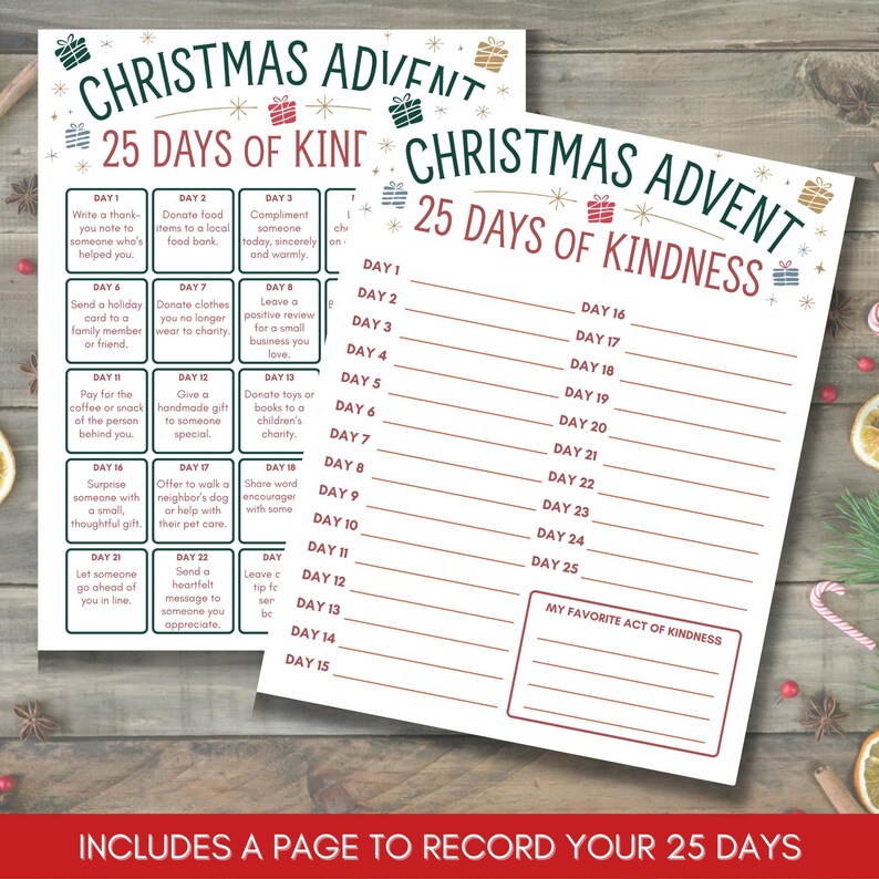 25 Days of Kindness Calendar, Printable Christmas Advent Calendar ...