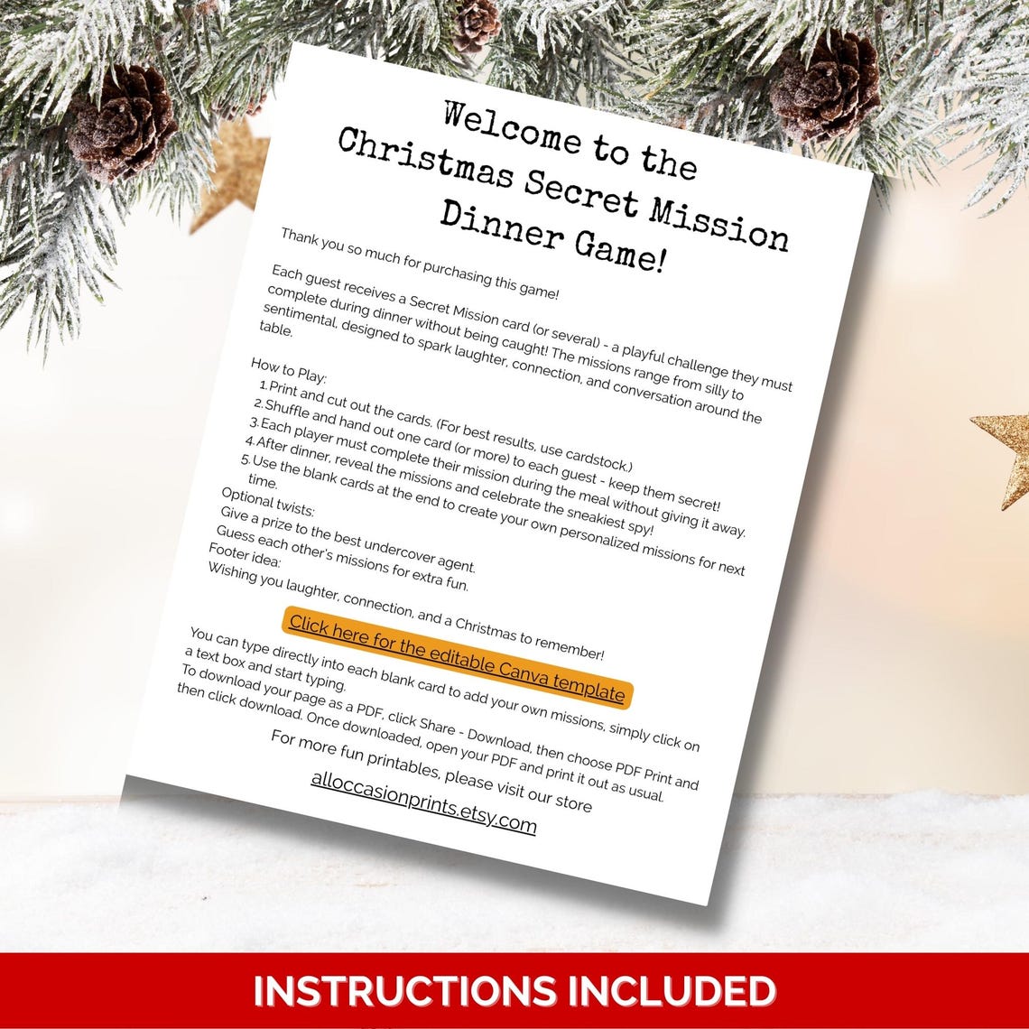 Christmas Secret Mission Dinner Game, 60 Printable Cards + Blank ...