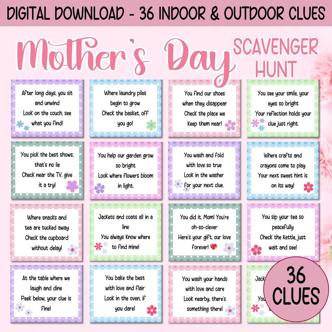 Mother’s Day Scavenger Hunt Printable – 36 Rhyming Clues for Mum – Fun ...
