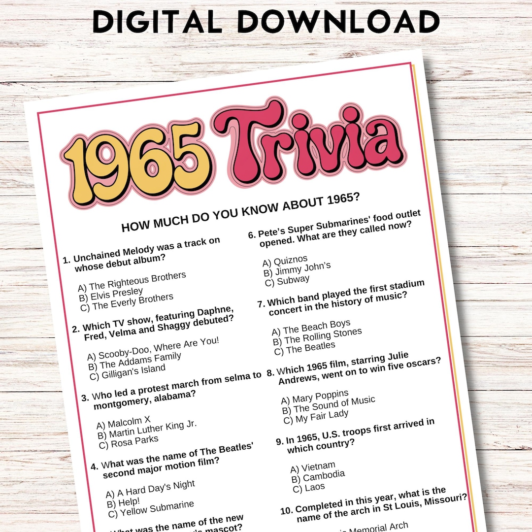 1965 Trivia Game, 60th Birthday Party Activities, Printable Fun Facts ...