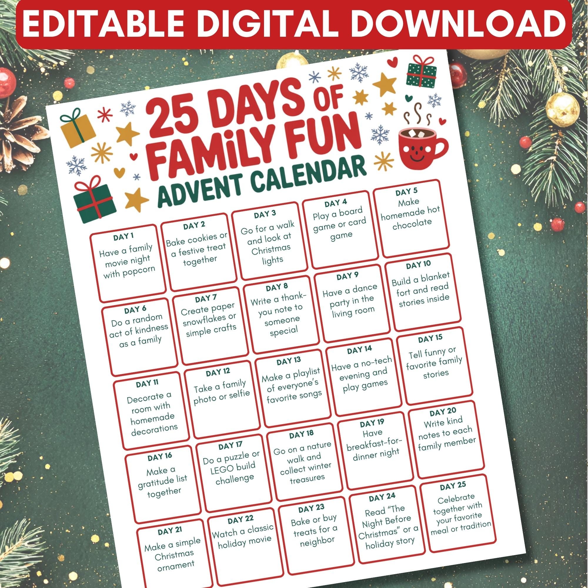 Christmas Advent Calendar – 25 Days of Family Fun – Editable Printable ...