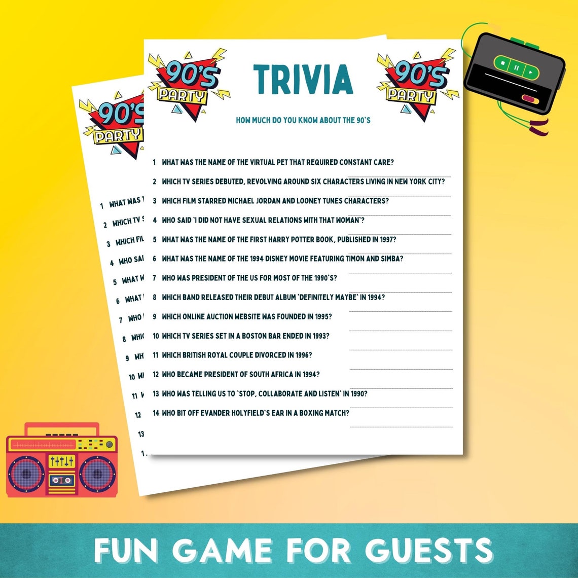 Printable 90's Themed Trivia Quiz Party Game Ice Breaker - Etsy