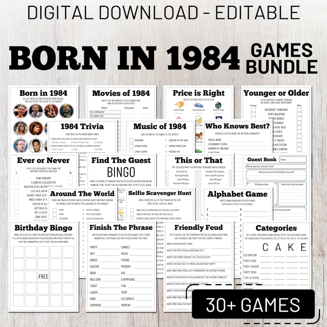 Born in 1984 Party Games, 40th Birthday Games Editable, Printable Party ...
