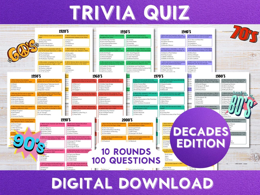 Decades Trivia Quiz, 100 Questions, Party Game (printable Instant ...