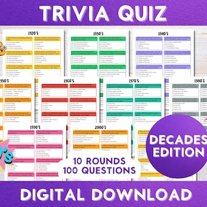 Decades Trivia Quiz, Pub Quiz, Fun Party Game Night, 70's, 80's, 90's ...
