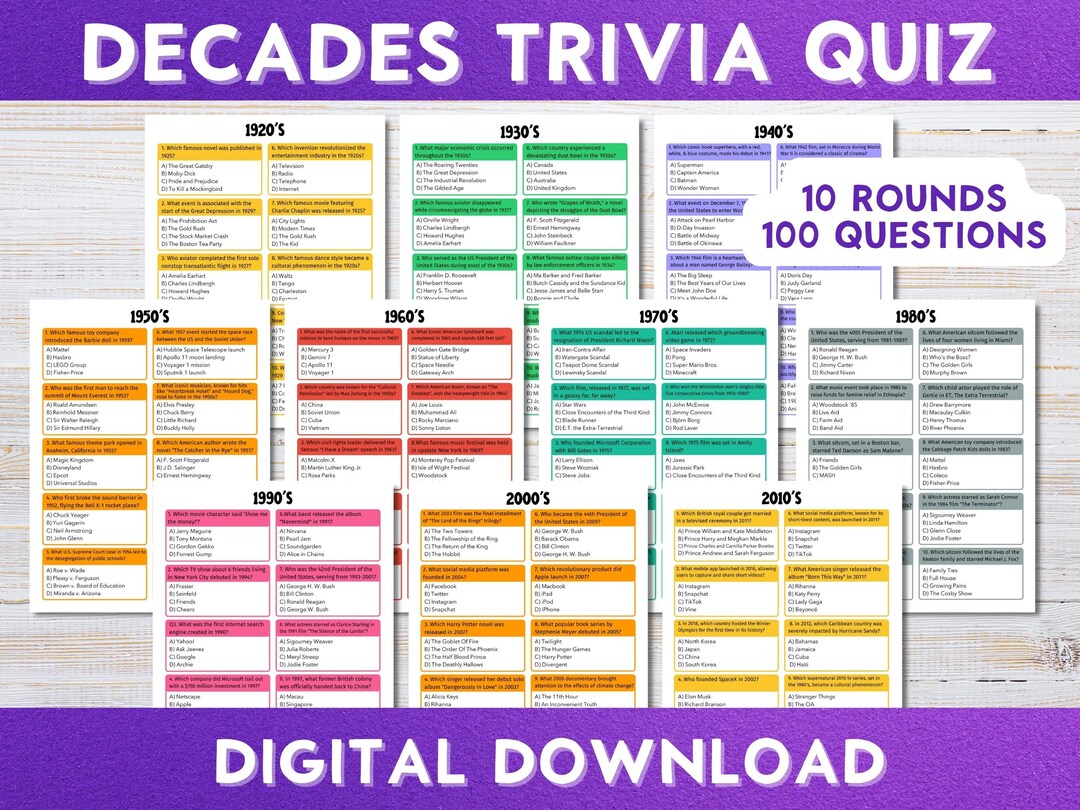 Decades Trivia Quiz, Party Game Night, 70's, 80's, 90's, 100 Questions ...