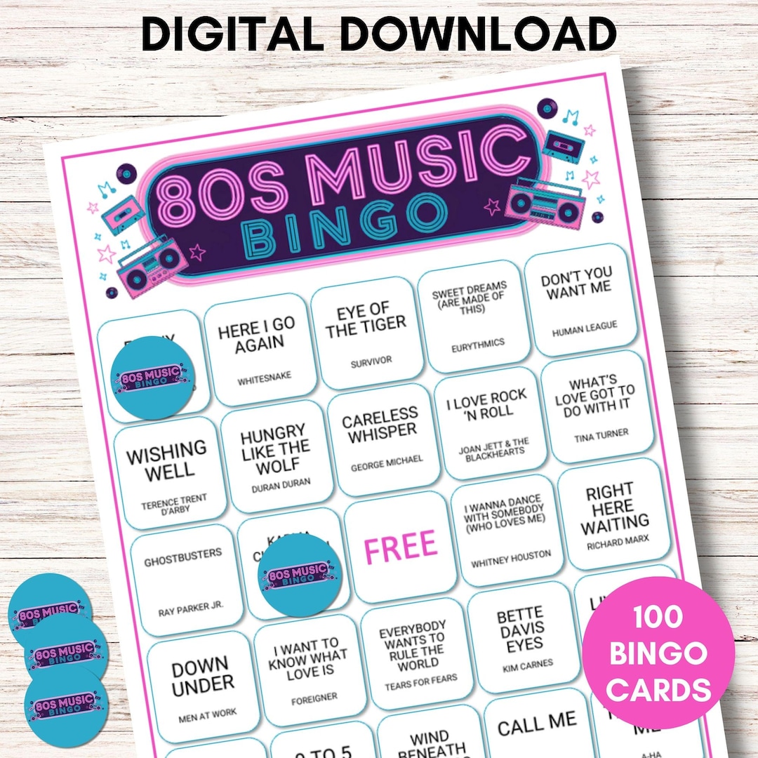 80s Music Bingo, 100 Printable Bingo Cards, Fun Party Game, Digital ...