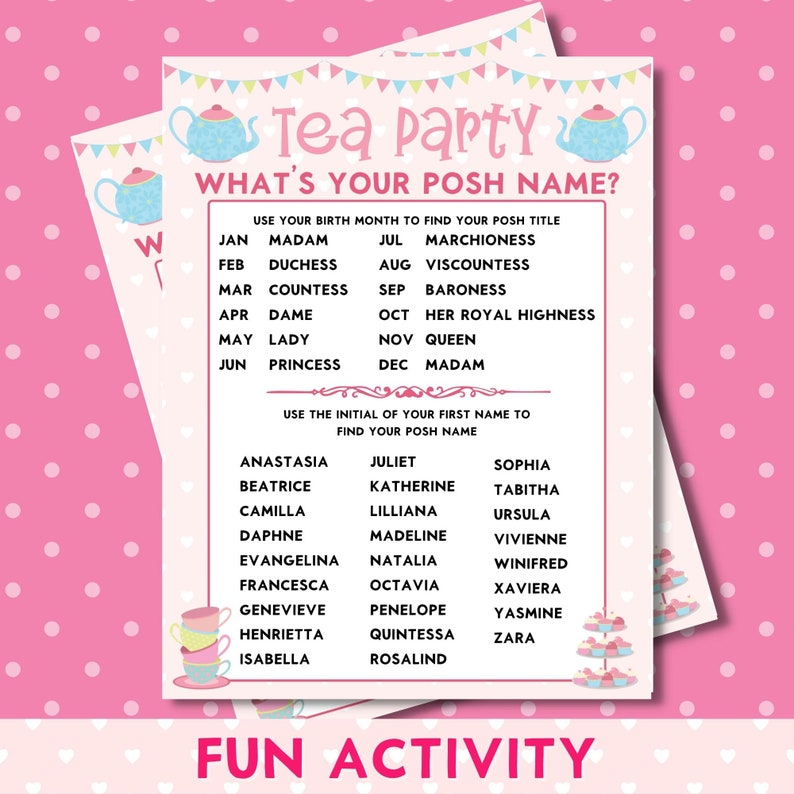 Tea Party Printable What's Your Posh Name Game, Girls Birthday Party ...