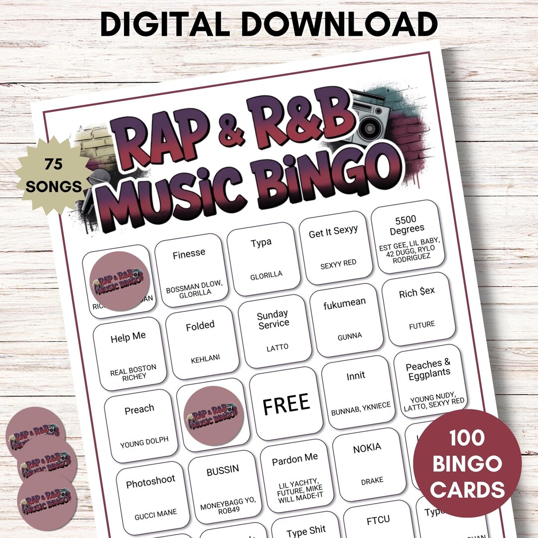 Rap and R&B Music Bingo | 75 Songs, 100 Cards (digital Download) - Etsy