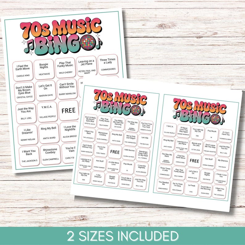 70s Music Bingo Game – 100 Printable Cards – Fun Party Activity With ...
