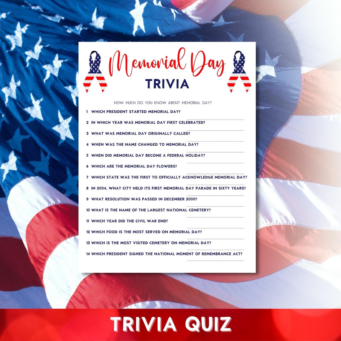 Printable Memorial Day Trivia Quiz Game, Family Party Fun, Patriotic ...