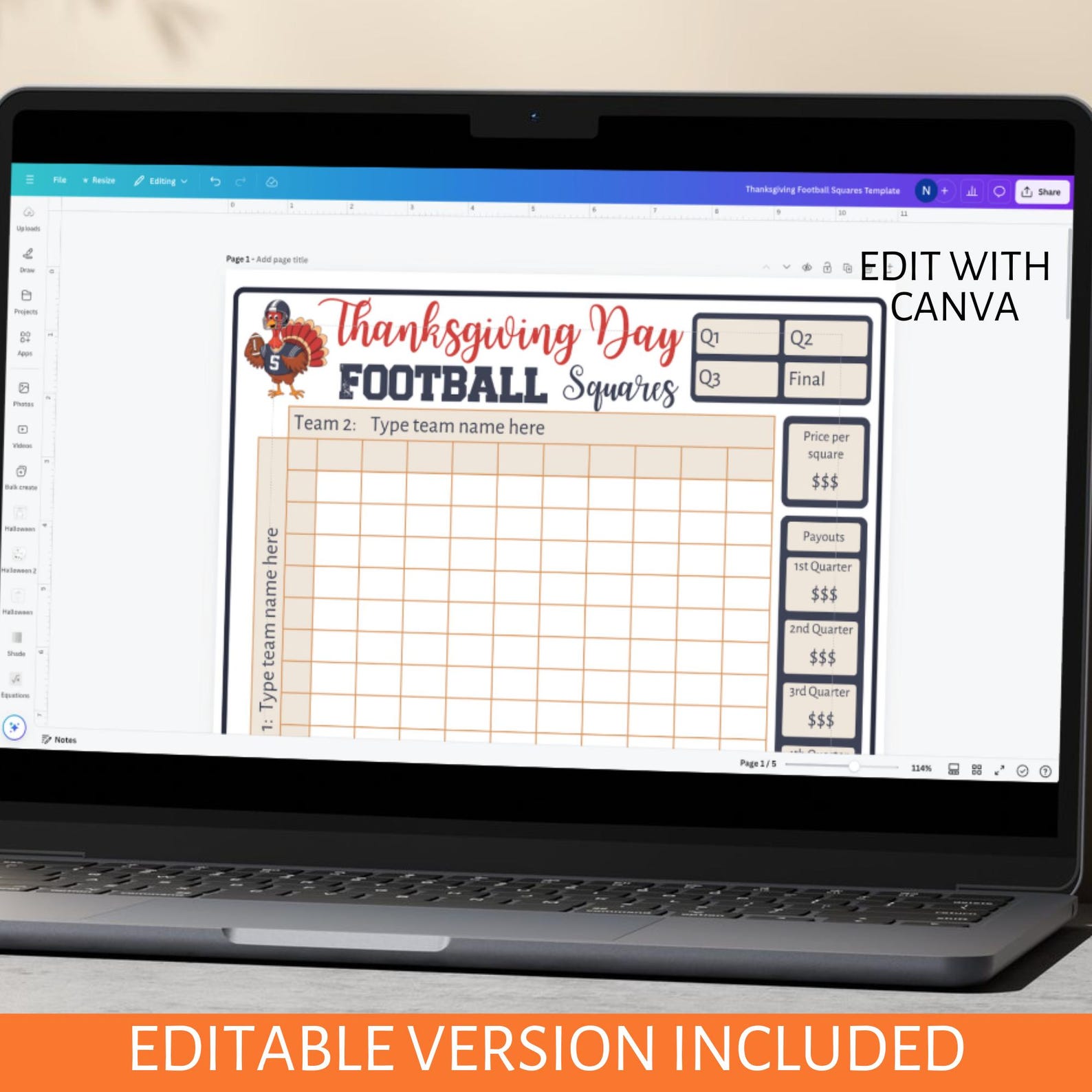 Thanksgiving Day Football Squares, Editable PDF Game, 100 Numbered ...