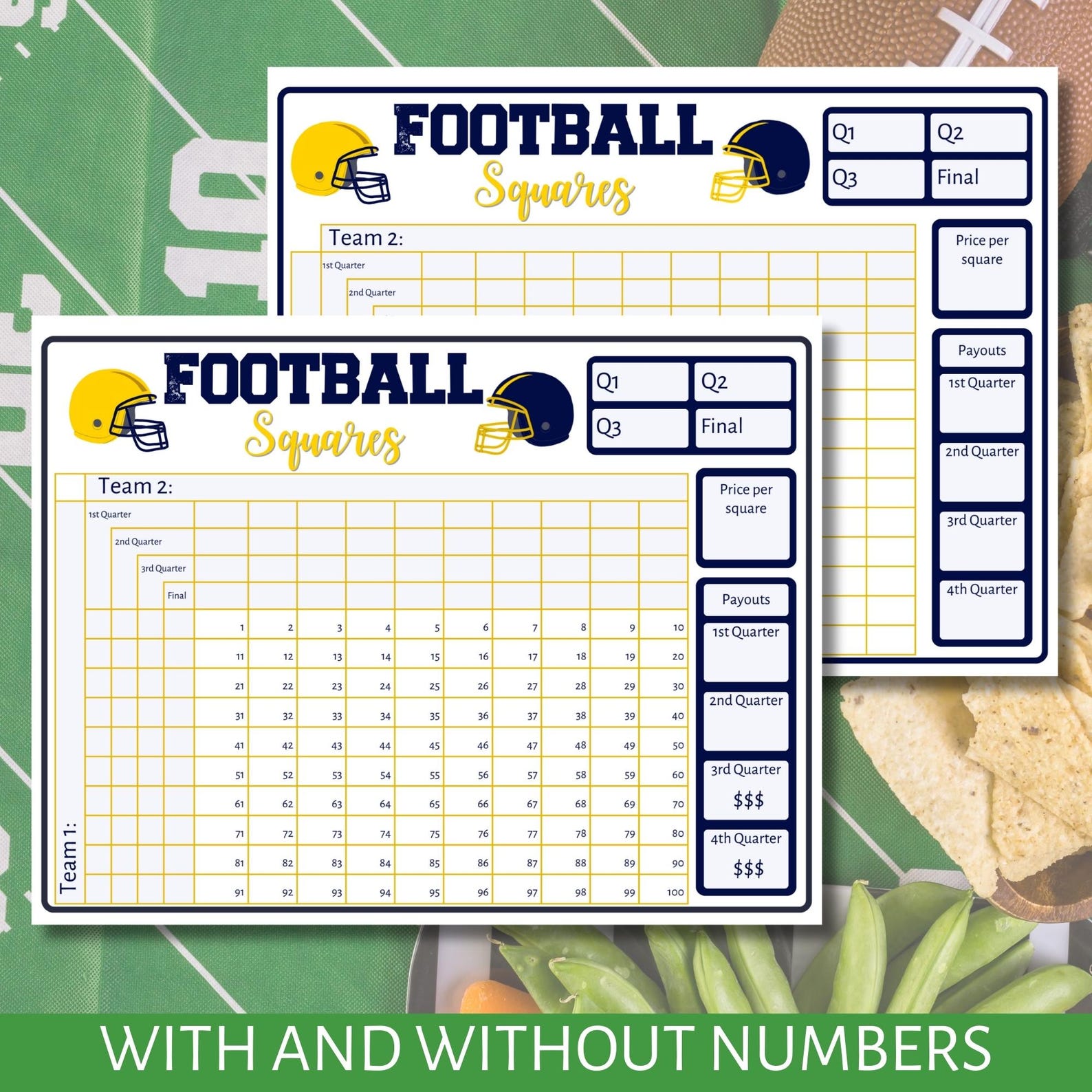 Football Squares Game – 100 Squares, All 4 Quarters, Editable Printable ...