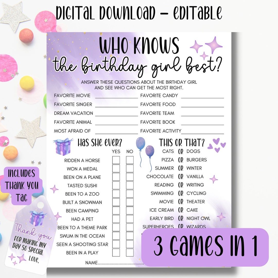 Who Knows the Birthday Girl Best, Editable Printable Purple Birthday ...