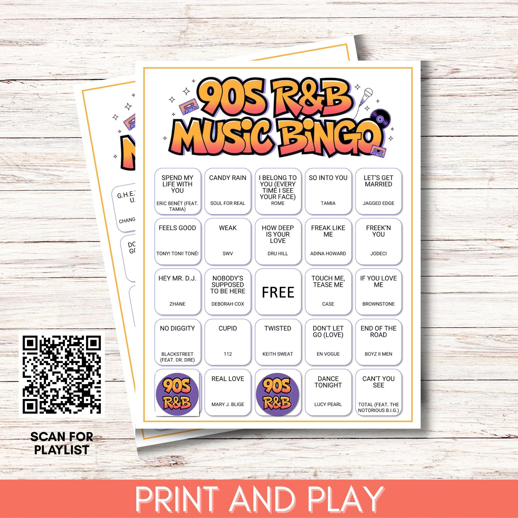 90s R&B Music Bingo, Printable Bingo Game, Throwback 90s Party Game ...