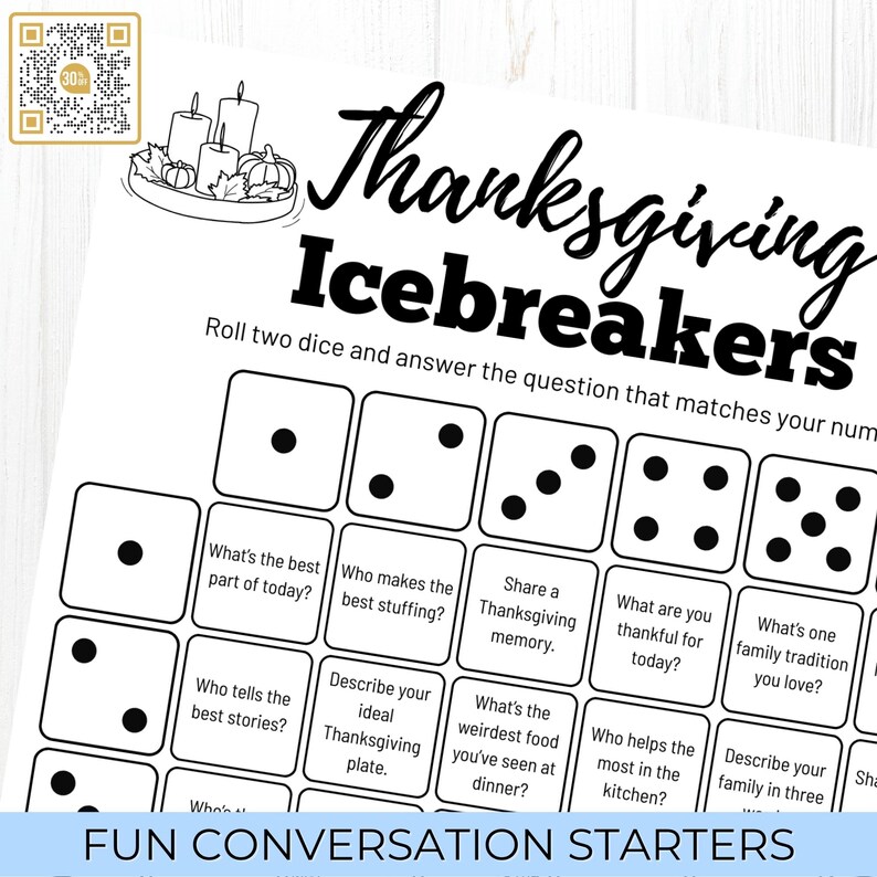 Thanksgiving Icebreaker Game, Printable Dice Conversation Starter for ...