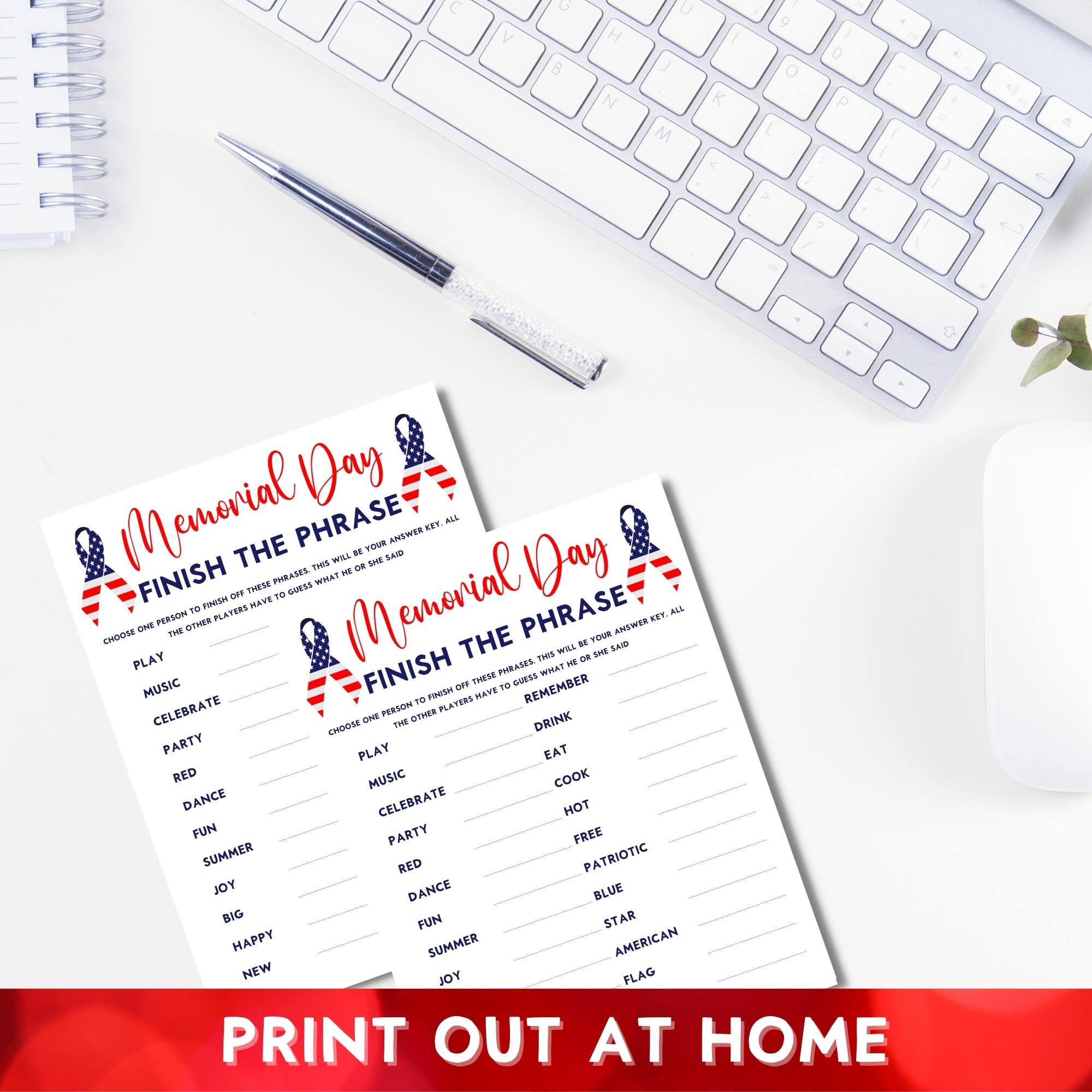 Printable Memorial Day Finish the Phrase Game Family Party - Etsy