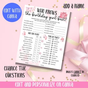 Who Knows the Birthday Girl Best, Editable Printable Pink Birthday Game ...
