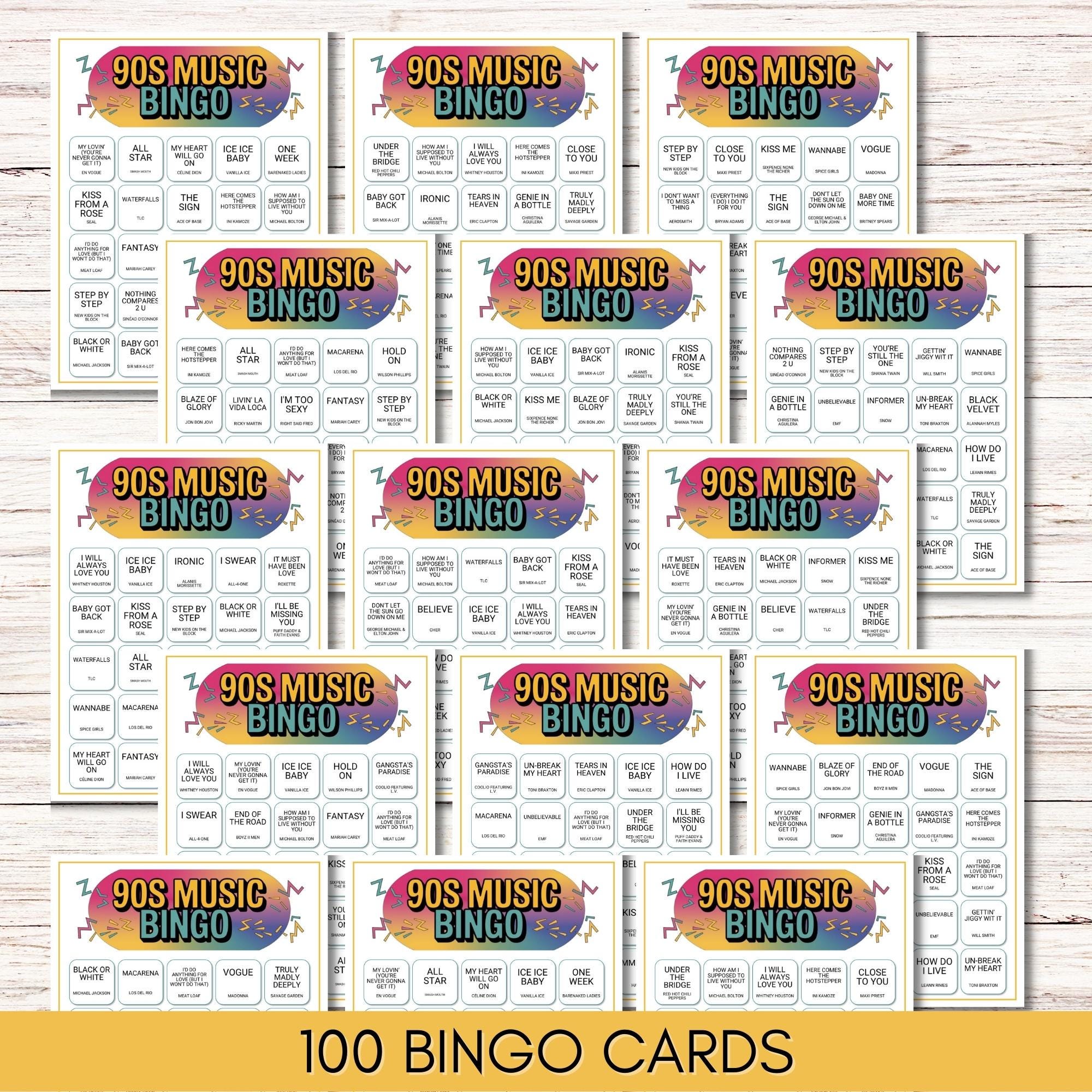 90s Music Bingo, Digital Download With 100 Cards, Party Game for Family ...