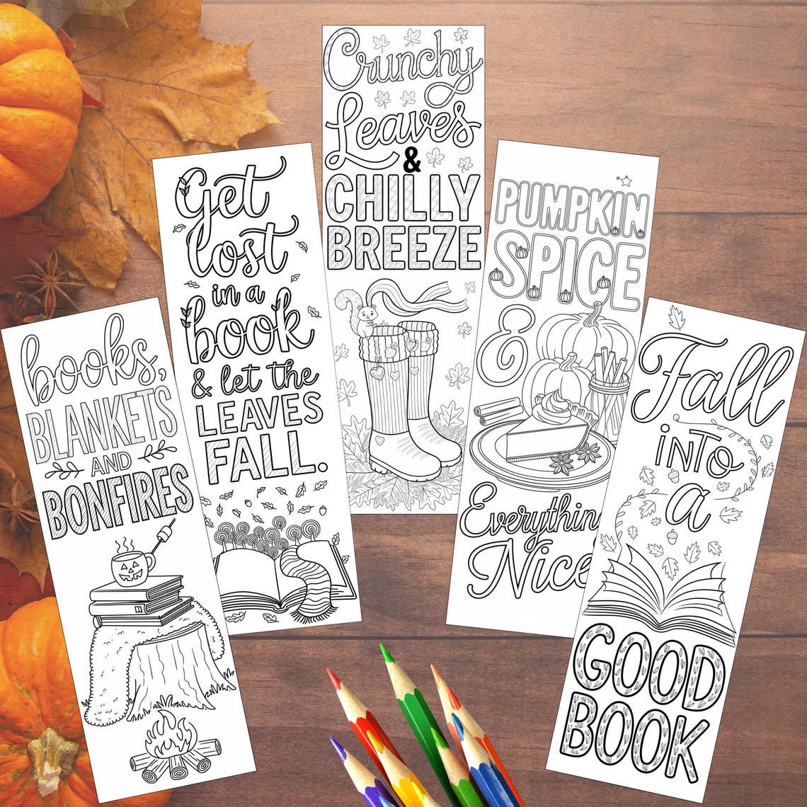 Fall Coloring Bookmarks, Printable Autumn Bookmarks for Kids, DIY Craft ...