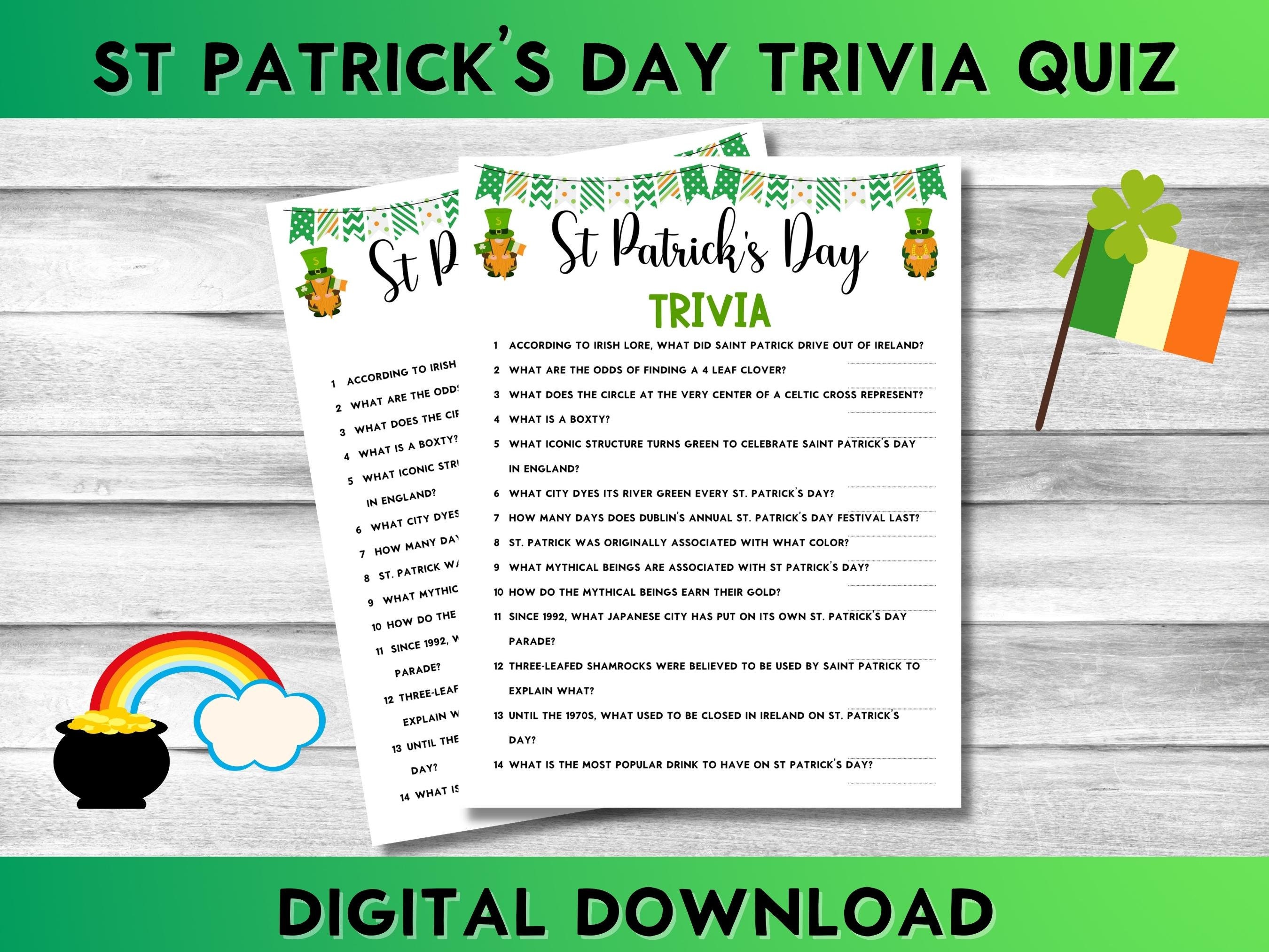 Printable St Patrick's Day Trivia Quiz Party Game, St Paddy's Day Party ...