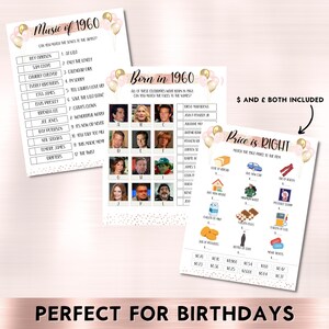 65th Birthday Games for Her, Born in 1960 Trivia Quiz, Fun Printable ...