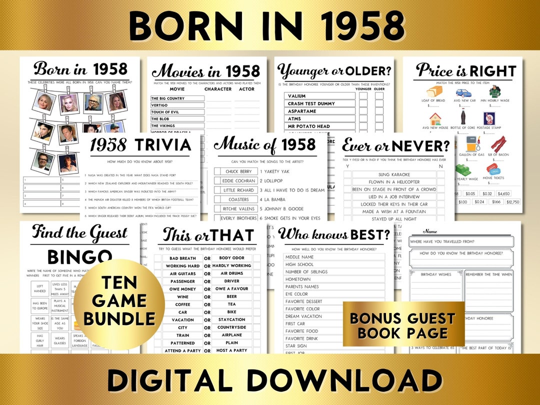 67th Birthday Party Games, Born in 1958, Printable 10 Game Bundle ...