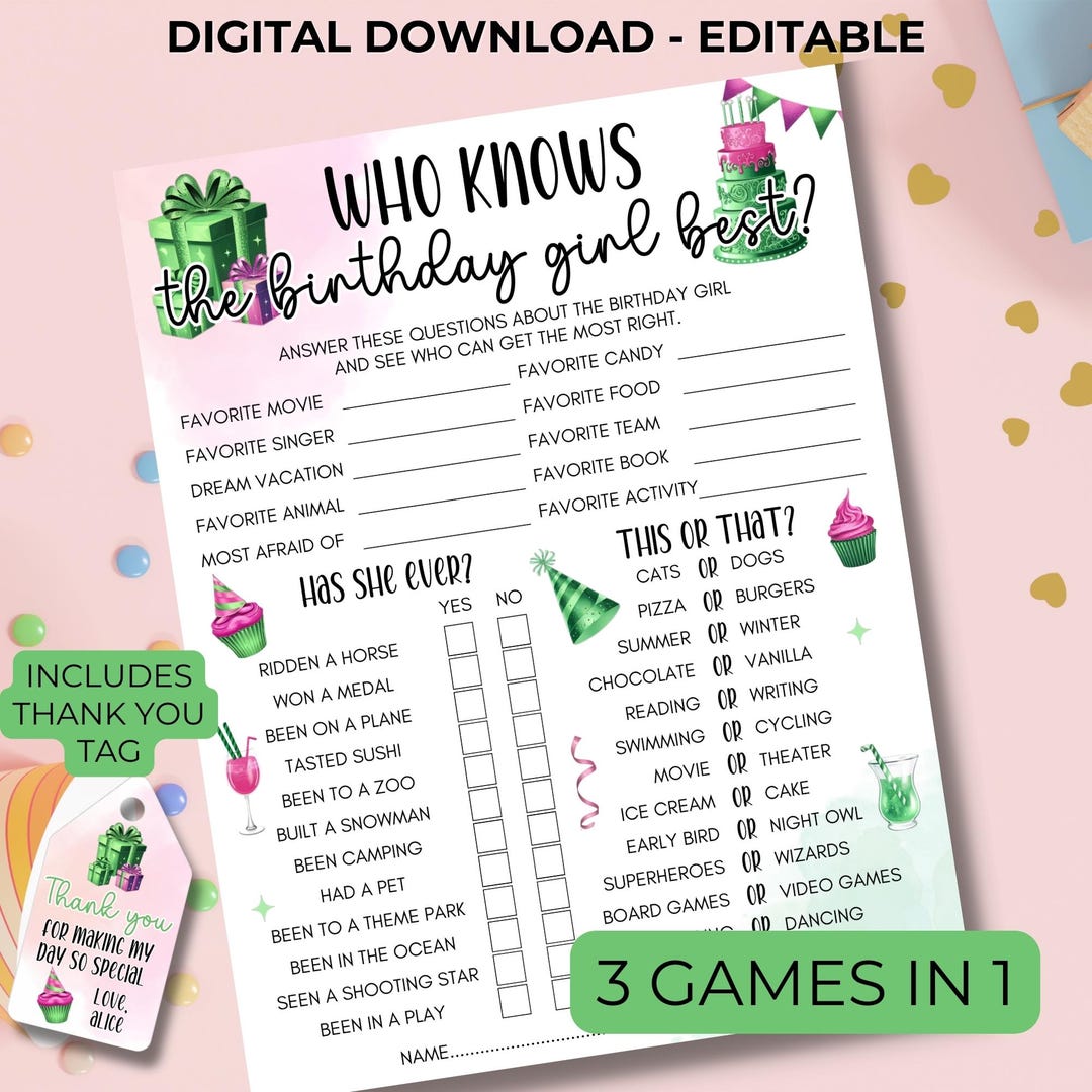 Pink and Green Birthday, Who Knows the Birthday Girl Best, Editable ...