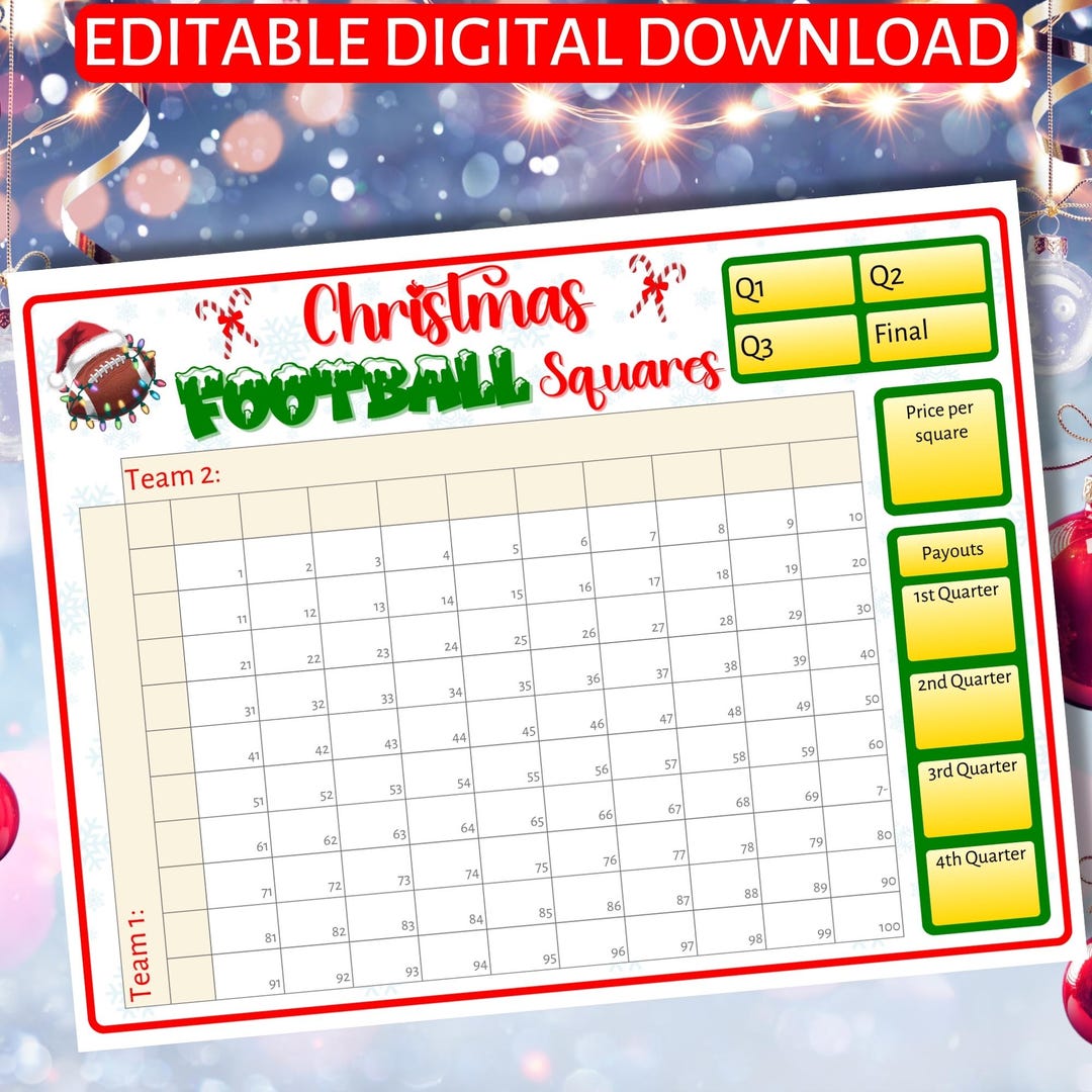 Christmas Football Squares, Editable PDF Game, 100 Numbered Squares ...