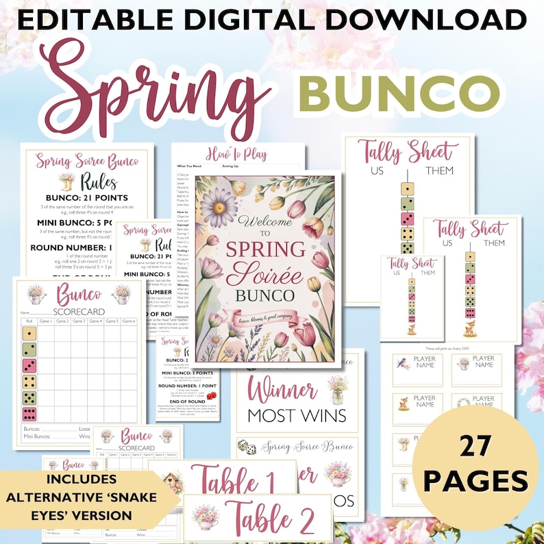 Spring Bunco Printable Kit: Floral Game Set for Girls Night (digital ...