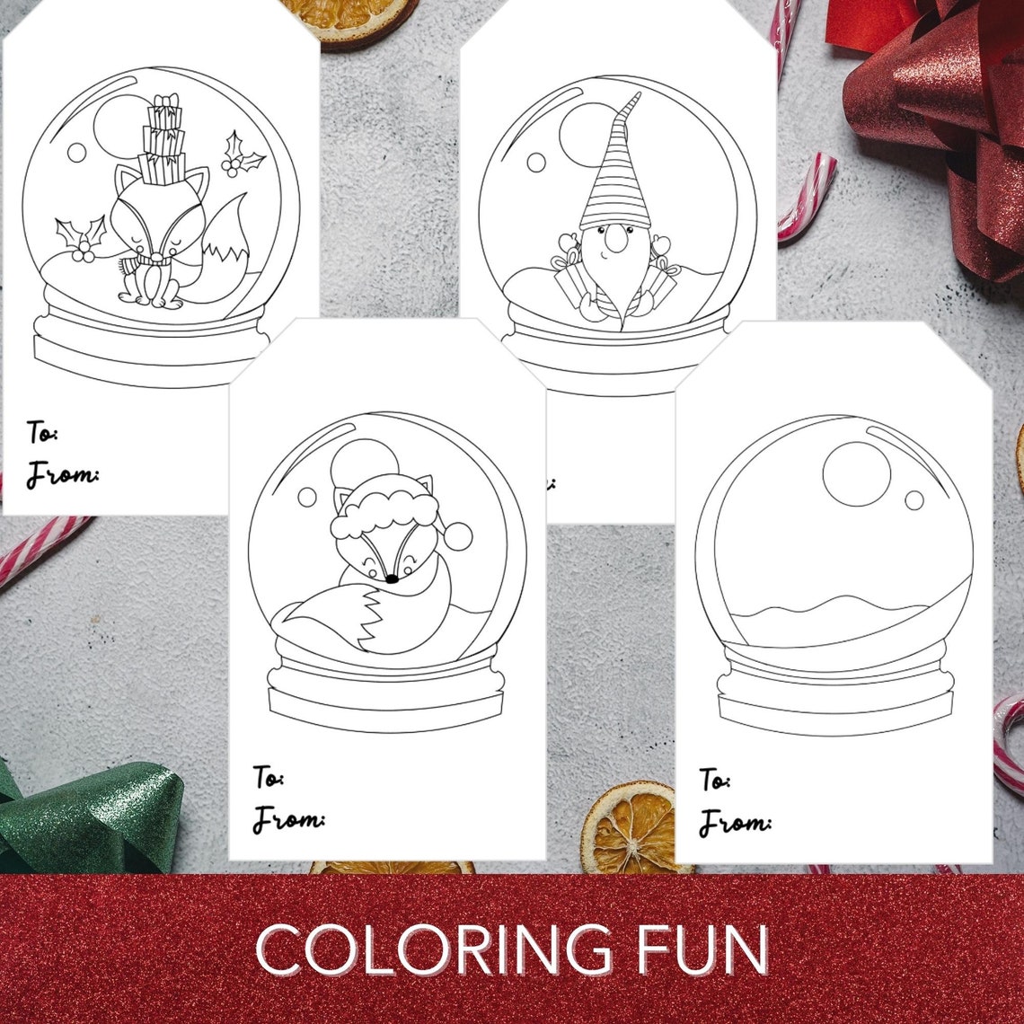 Printable Christmas Snow Globe Coloring Gift Tags Set of 8 | Etsy