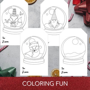 Printable Christmas Snow Globe Coloring Gift Tags, Set of 8, Editable ...