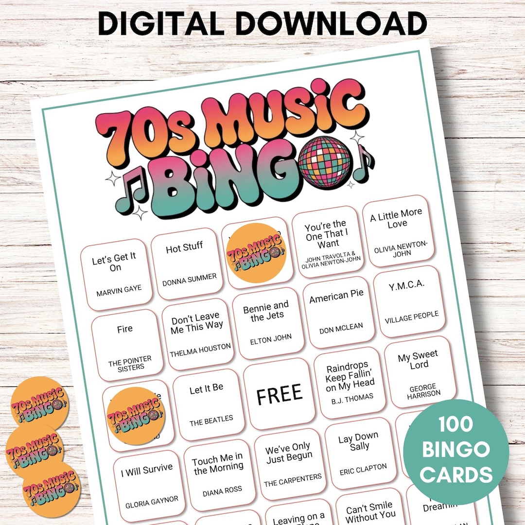 70s Music Bingo Game – 100 Printable Cards – Fun Party Activity With ...