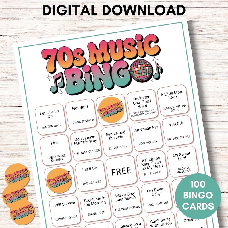 70s Music Bingo Game – 100 Printable Cards – Fun Party Activity With ...