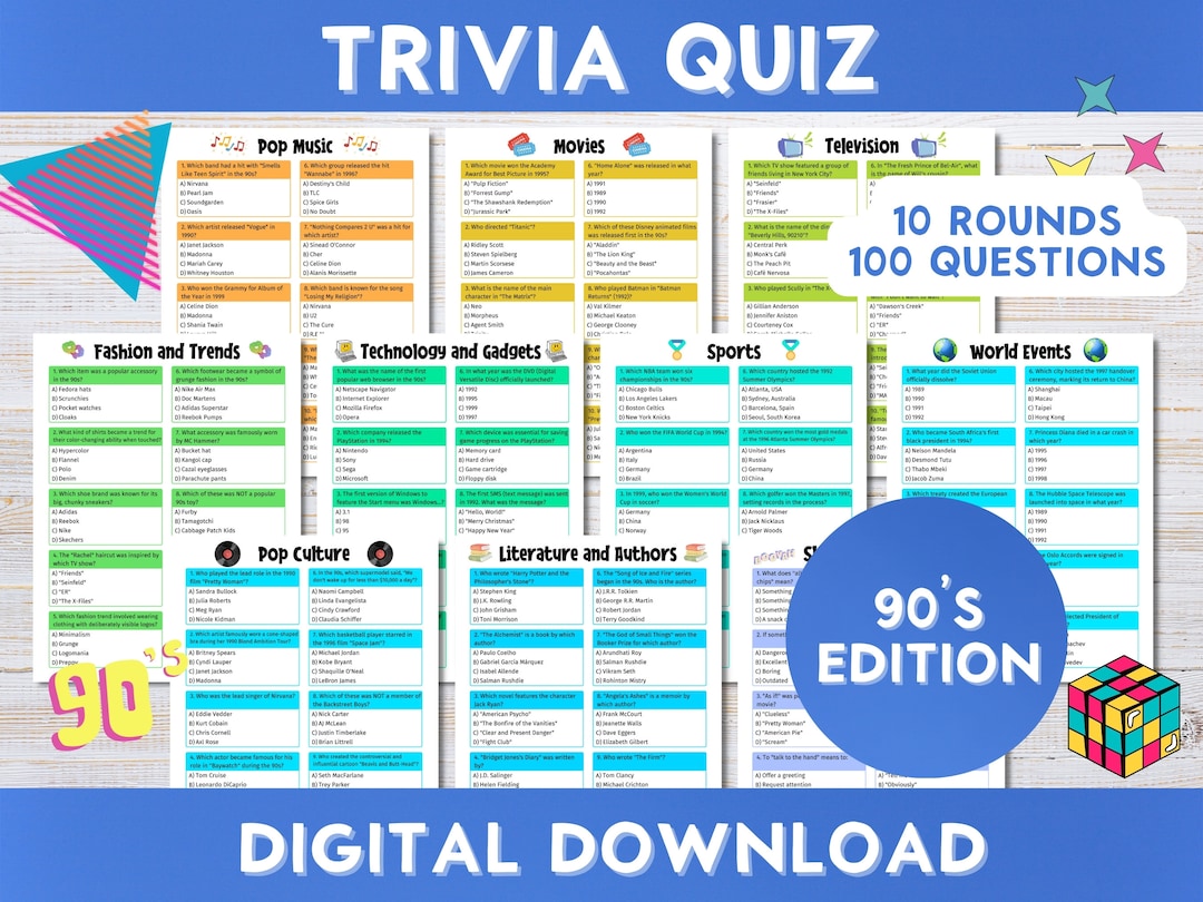 90's Trivia Quiz, Game Night, Bar Quiz, 1990's Family Games, Nineties ...