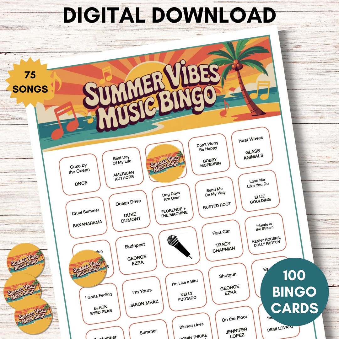 Summer Vibes Music Bingo – Printable Game With 100 Bingo Cards - Etsy