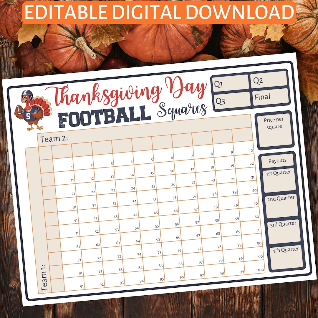 Thanksgiving Day Football Squares, Editable PDF Game, 100 Numbered ...