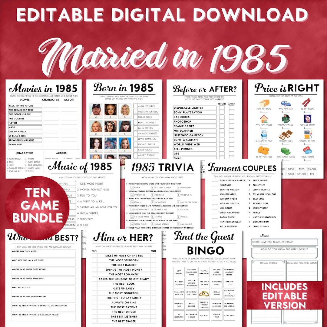 40th Anniversary Party Games, Married in 1985, Fun Printable Games for ...