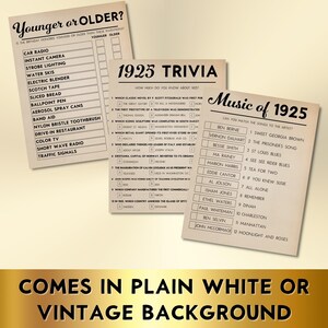 101st Birthday Party Games, Born in 1925 Trivia, Music (printable ...
