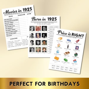 101st Birthday Party Games, Born in 1925 Trivia, Music (printable ...