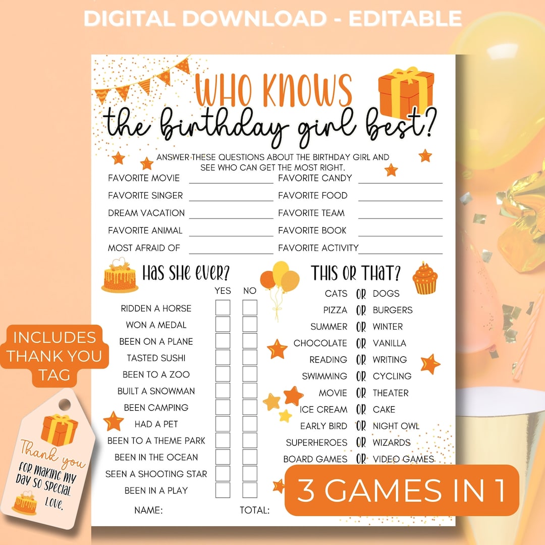 Who Knows the Birthday Girl Best, Editable Printable Orange Birthday ...