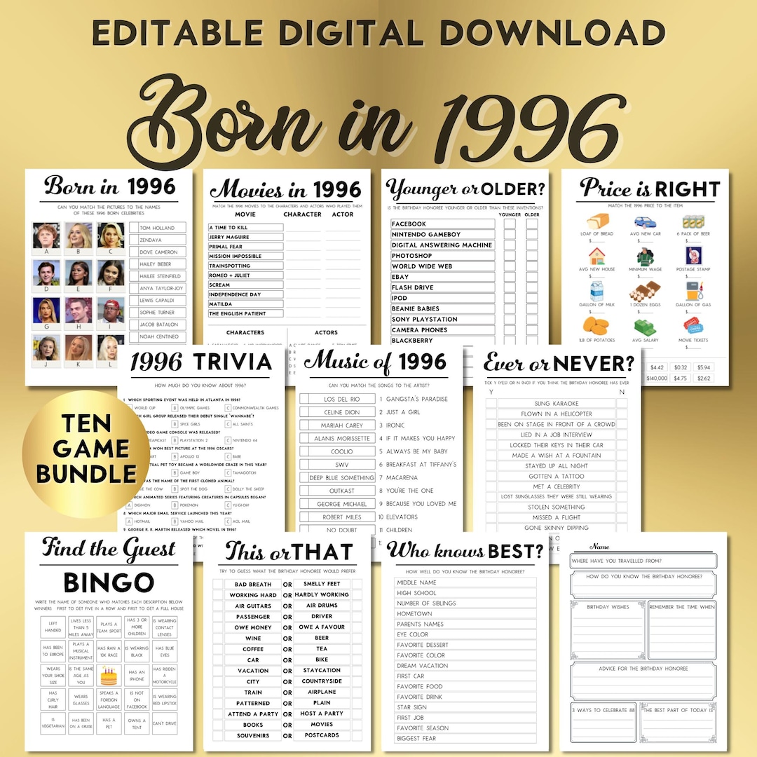 30th Birthday Party Games, Born in 1996 Trivia, Music Quiz (printable ...