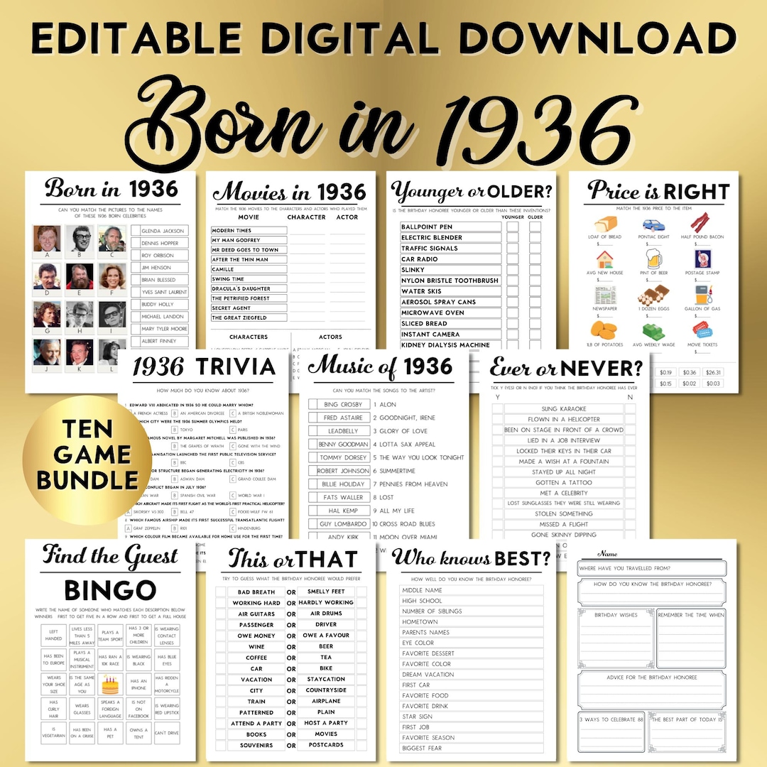 90th Birthday Party Games, Born in 1936 Trivia, Music Quiz (printable ...