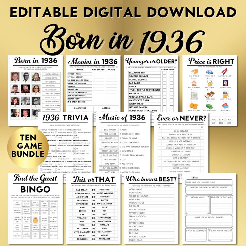 90th Birthday Party Games, Born in 1936 Trivia, Music Quiz (printable ...