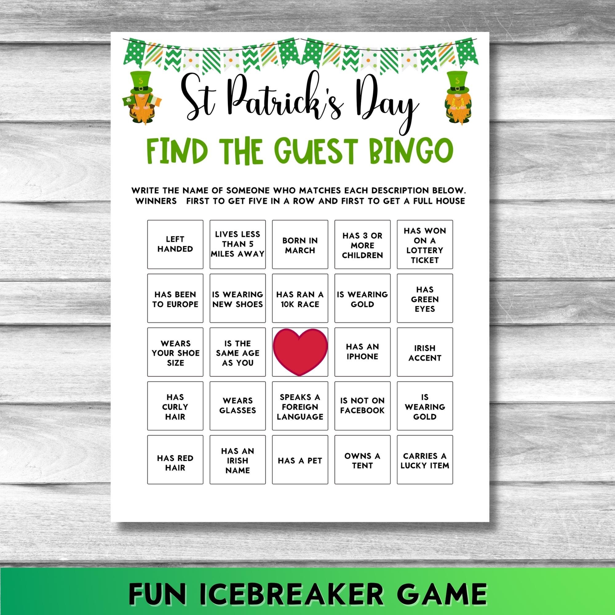 Printable St Patrick's Day Find the Guest Bingo St | Etsy