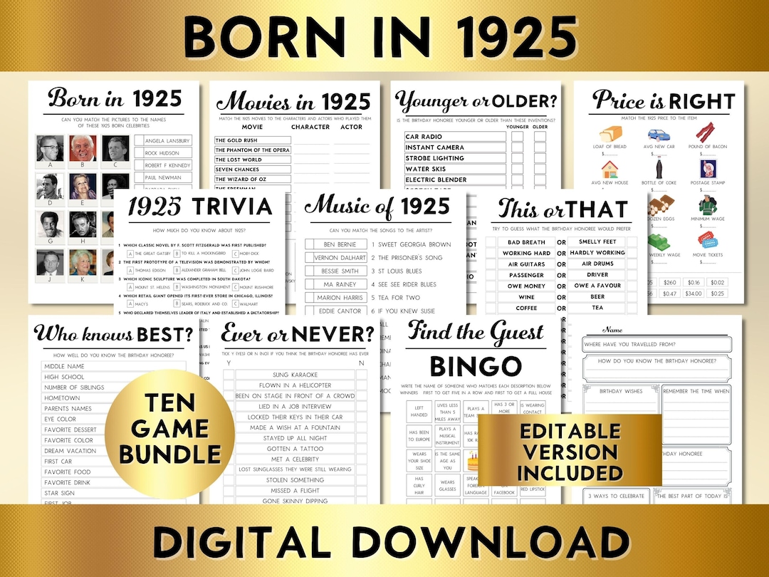 101st Birthday Party Games, Born in 1925 Trivia, Music (printable ...